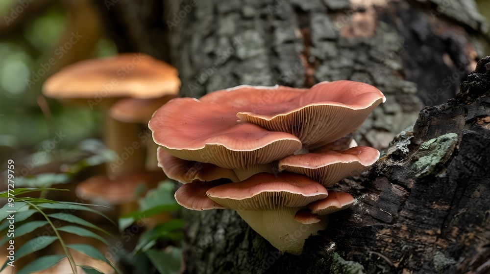 A reishi mushroom, also known as Ganoderma lucidum, growing on a tree ...