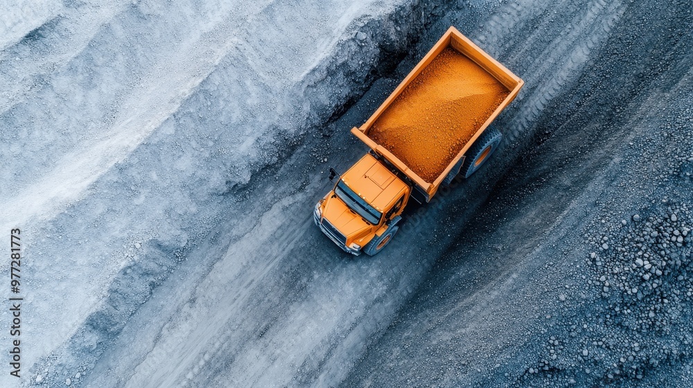 Captured from above, a dump truck carries orange soil on a long, open ...