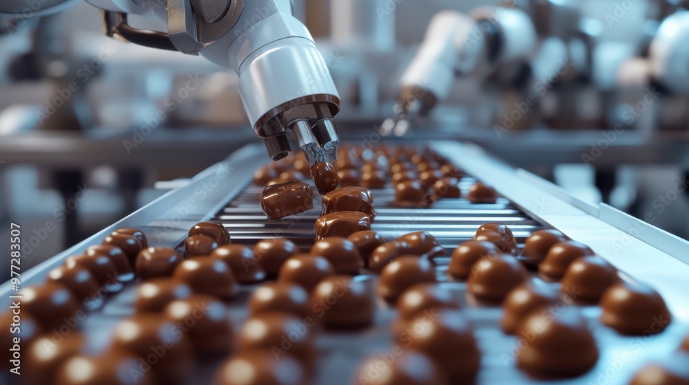 Automated robot arm is efficiently placing chocolate balls on a ...