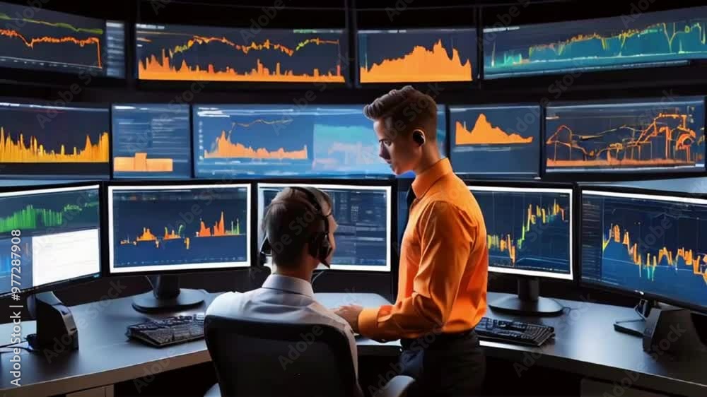 Two men analyze financial charts on multiple monitors in a dark office ...