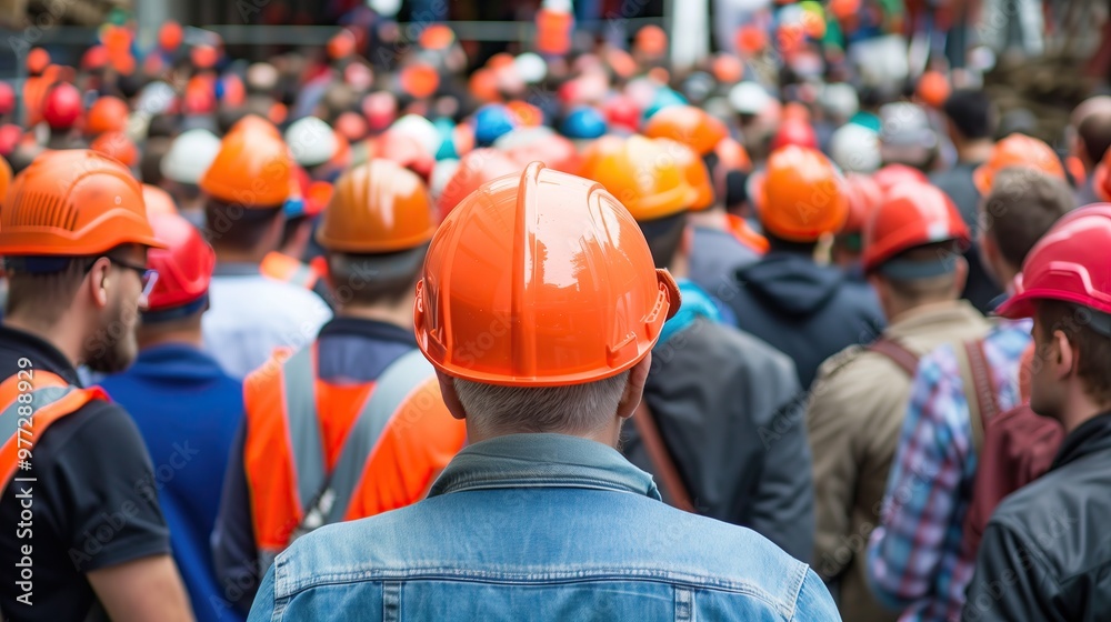 large group of construction workers in hard hats standing in crowd ...