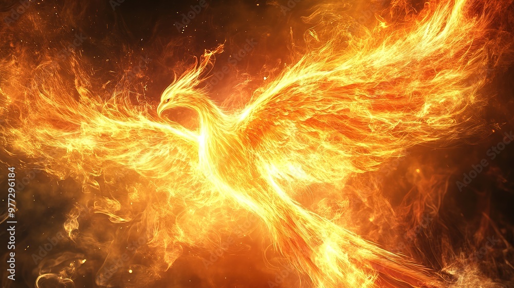 A stunning depiction of a phoenix bird rising from vibrant flames ...