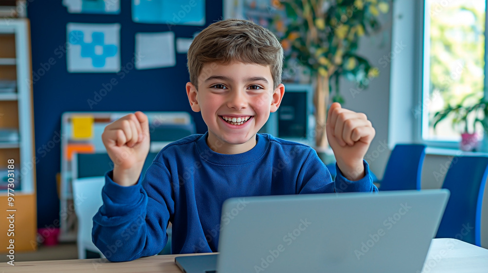 Little boy celebrating success in front of laptop at school. Excited ...