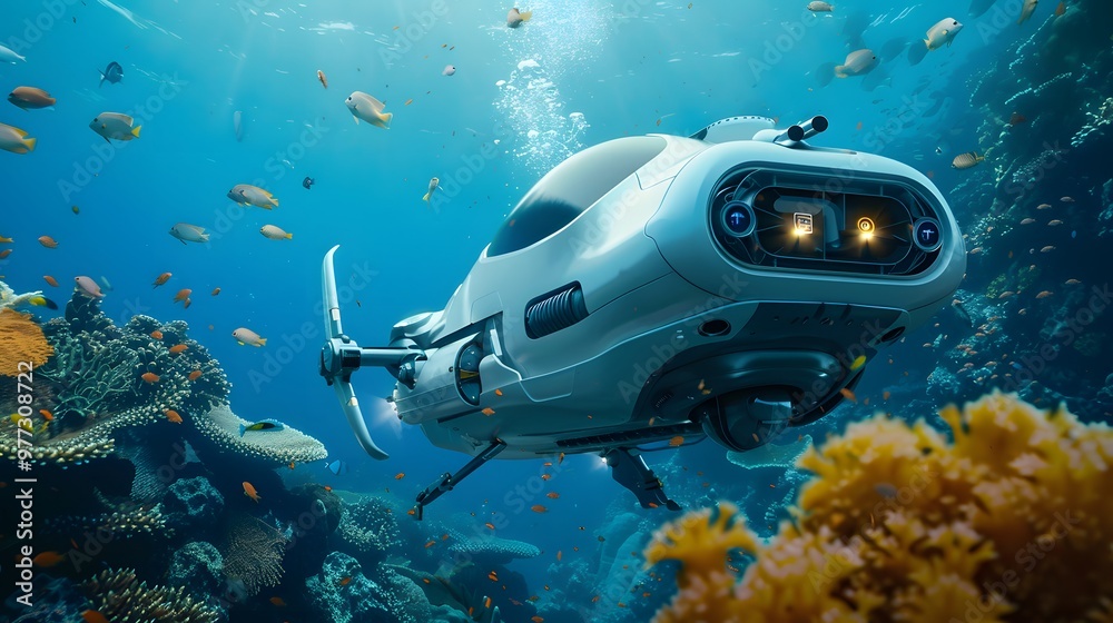 Underwater Exploration Robot: A sleek underwater robot exploring a ...