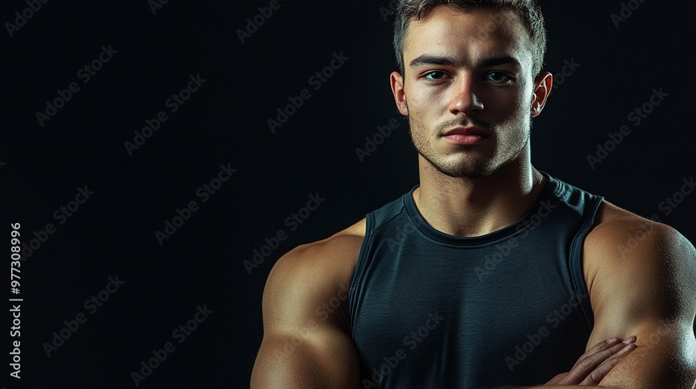 Intense close-up portrait of a muscular young man in a dark tank top ...