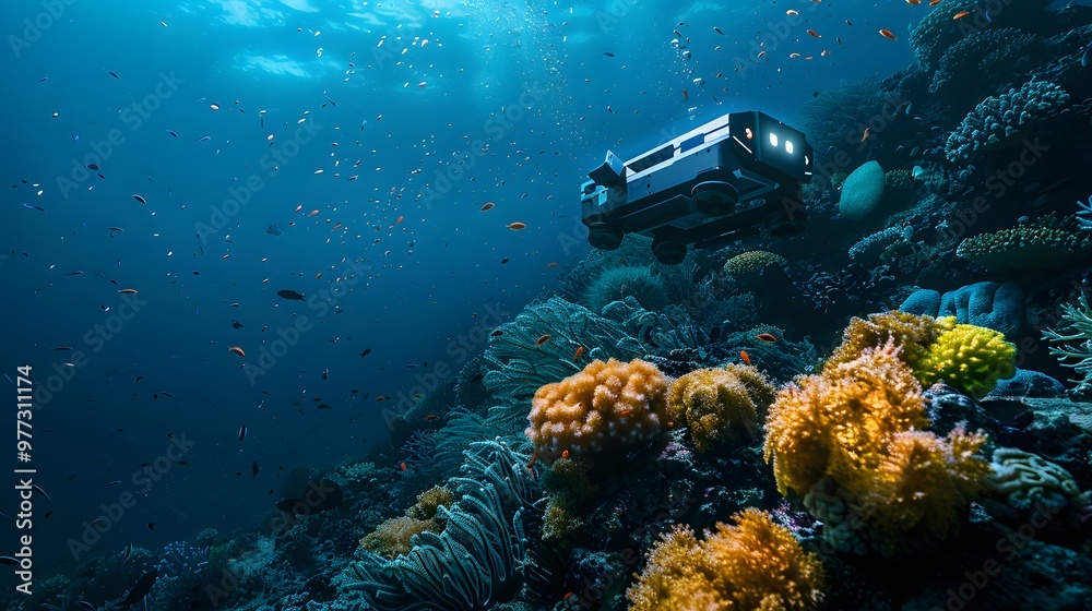 Underwater Exploration Robot: A sleek underwater robot exploring a ...