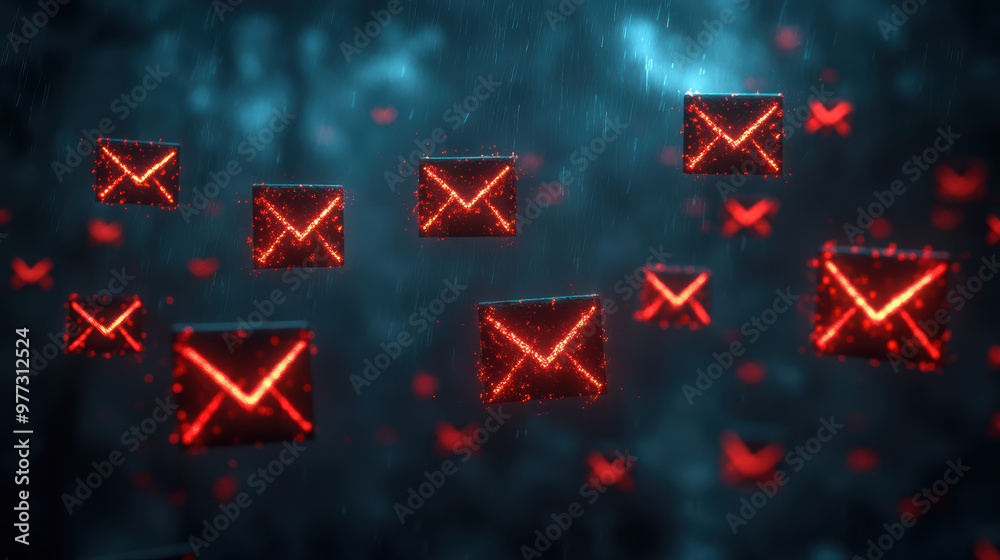 Glowing red envelopes representing digital email messages floating ...