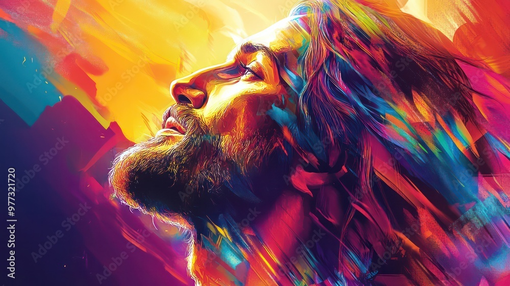A modern Jesus Christ illustration in digital art, featuring vibrant ...