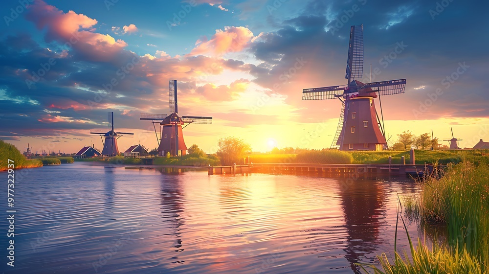 Traditional Dutch windmills along canal, classic landscape: Iconic ...