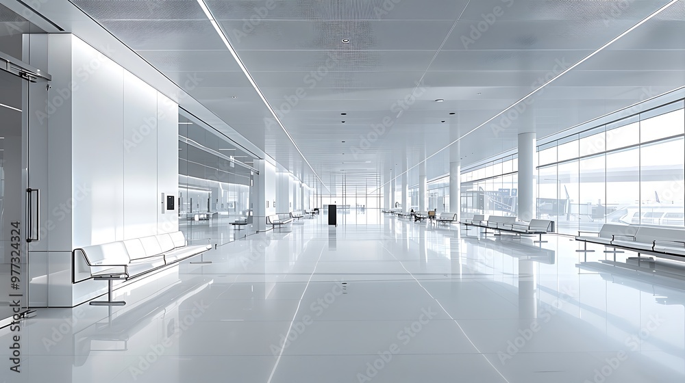 Foto de Sleek minimalist airport terminal, all white interior: A modern ...