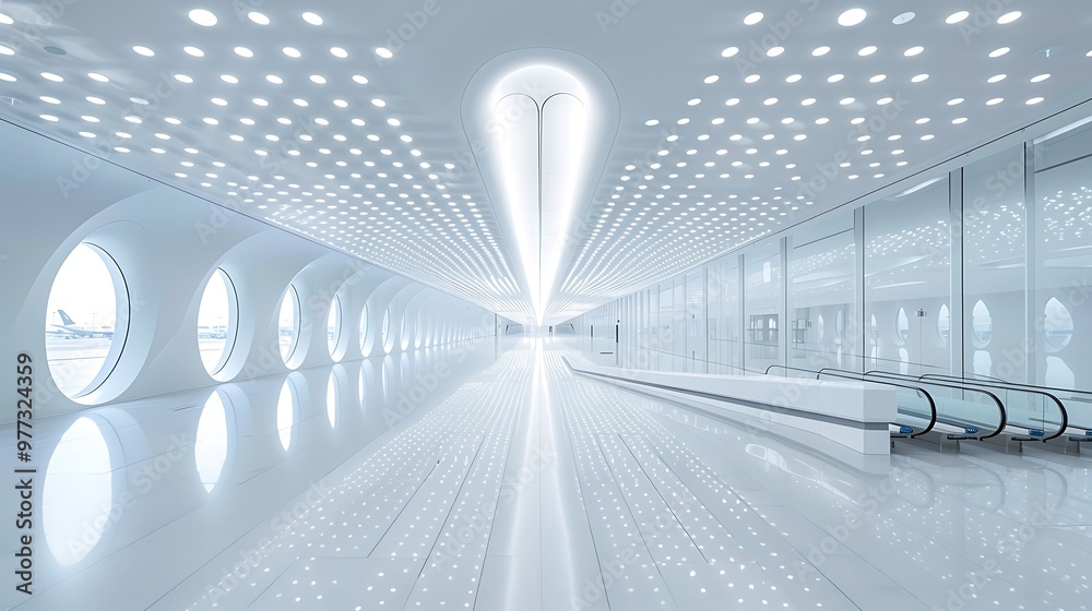 Fotografia do Stock: Sleek minimalist airport terminal, all white ...