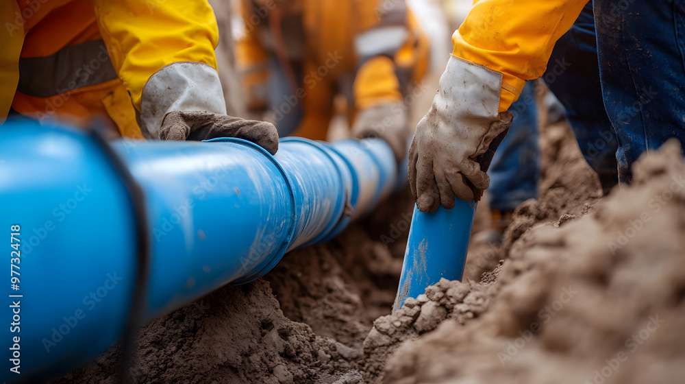 Construction Workers Installing Underground Blue Pipe | Infrastructure ...