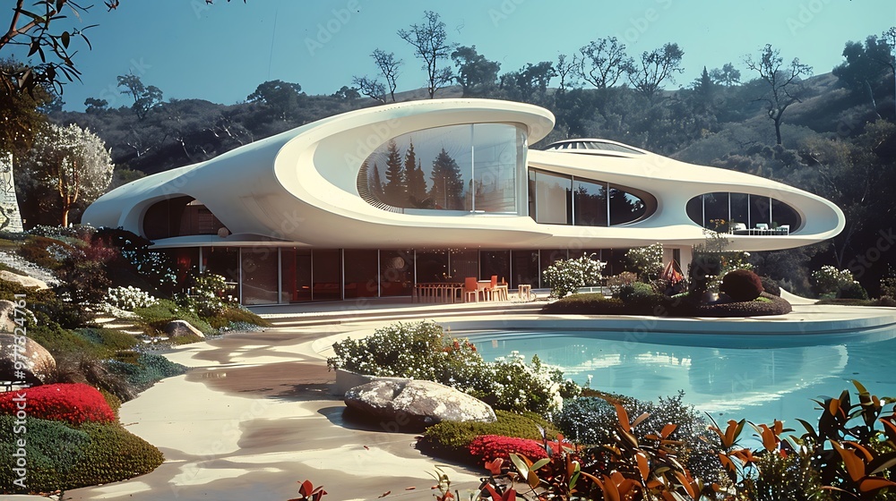 Retro-futuristic space age house, 1960s vision: A sleek, retro ...