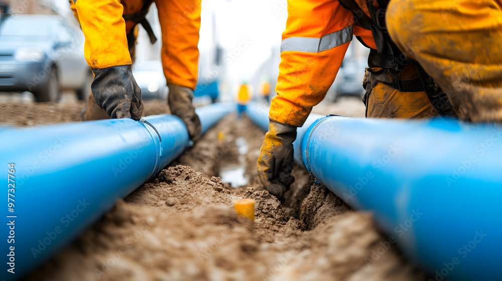 Construction Workers Installing Underground Blue Pipe | Infrastructure ...
