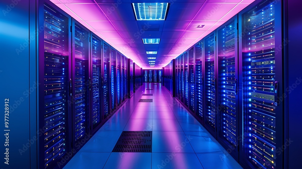 Massive data center, endless rows of servers, digital architecture: A vast data center houses ...