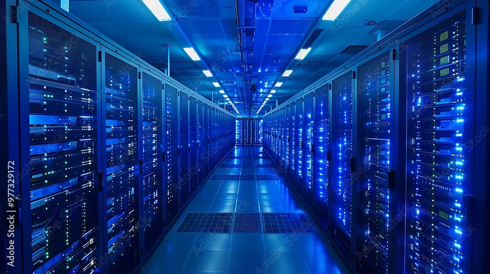 Massive data center, endless rows of servers, digital architecture: A vast data center houses ...