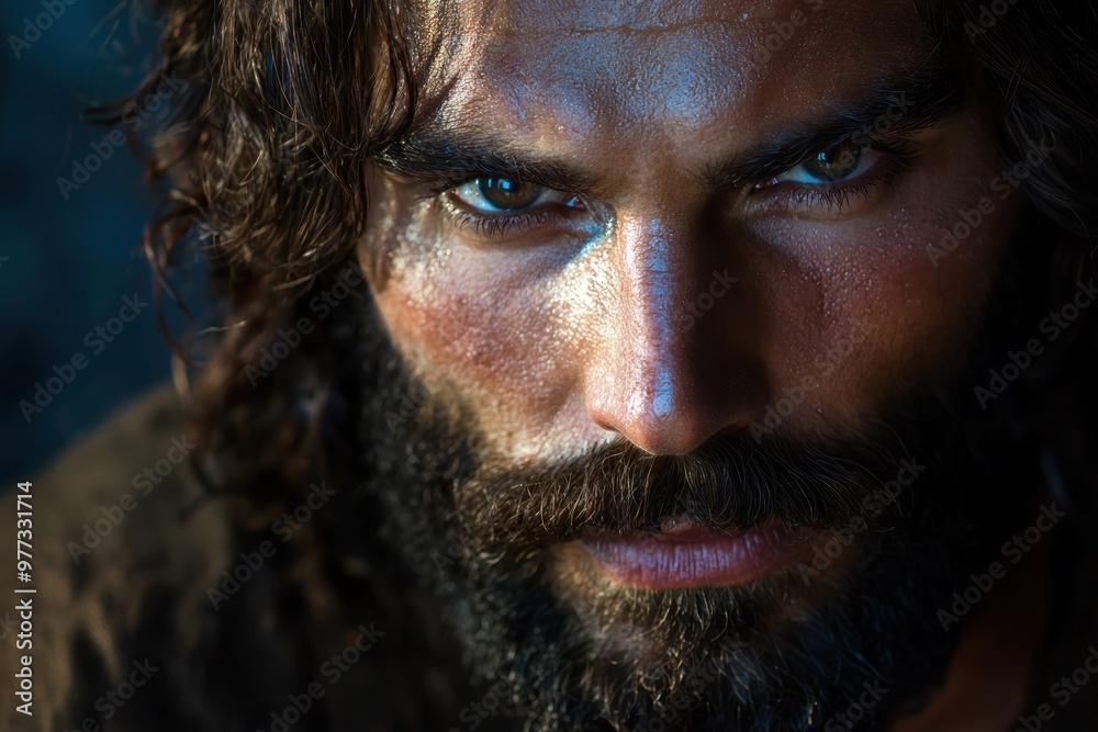 Jesus Christ, with brown hair and beard, in a medium shot, with a ...