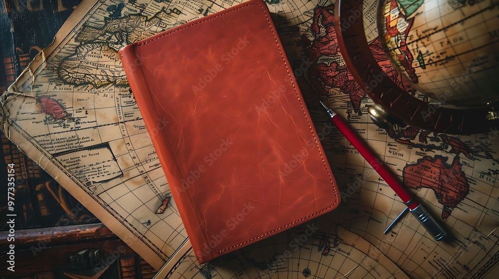 Top view of a classic fresh diary on a map backdrop with a stylus next ...