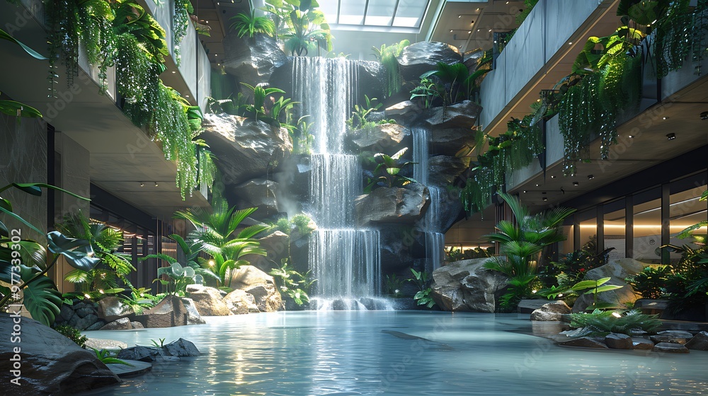 Biophilic office building with indoor waterfall: A biophilic office ...