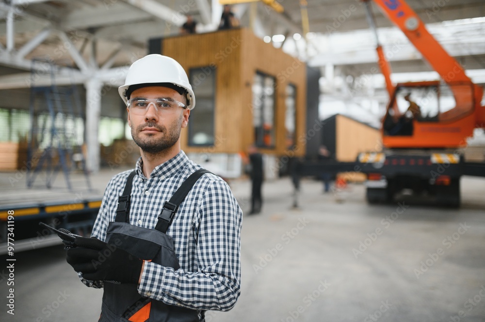 Foreman manages the loading of a prefabricated modular house to truck ...