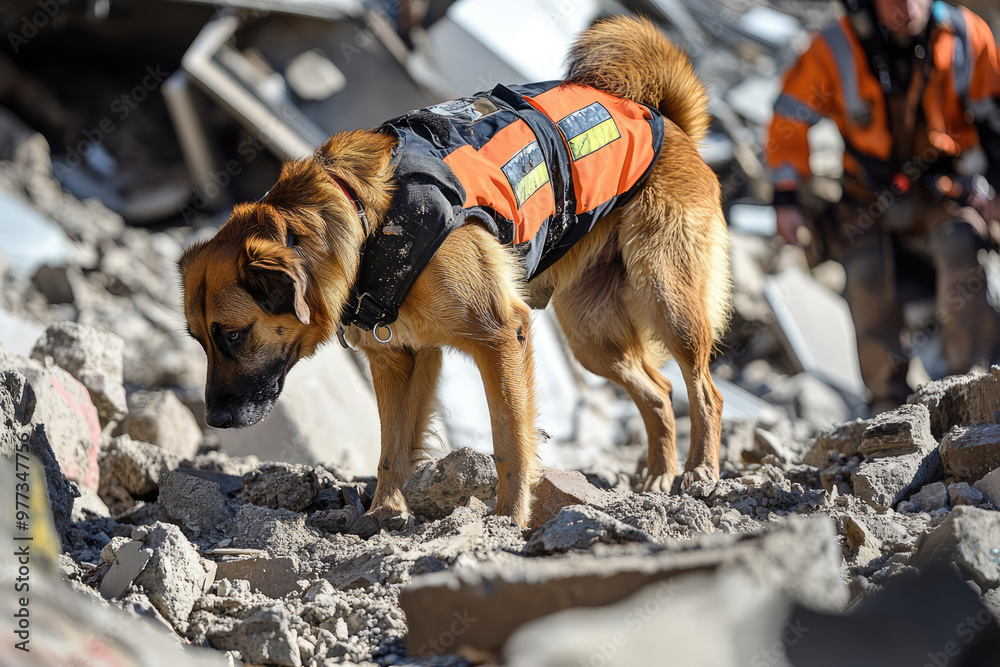 A rescue dog wearing an orange vest navigates through debris in a ...