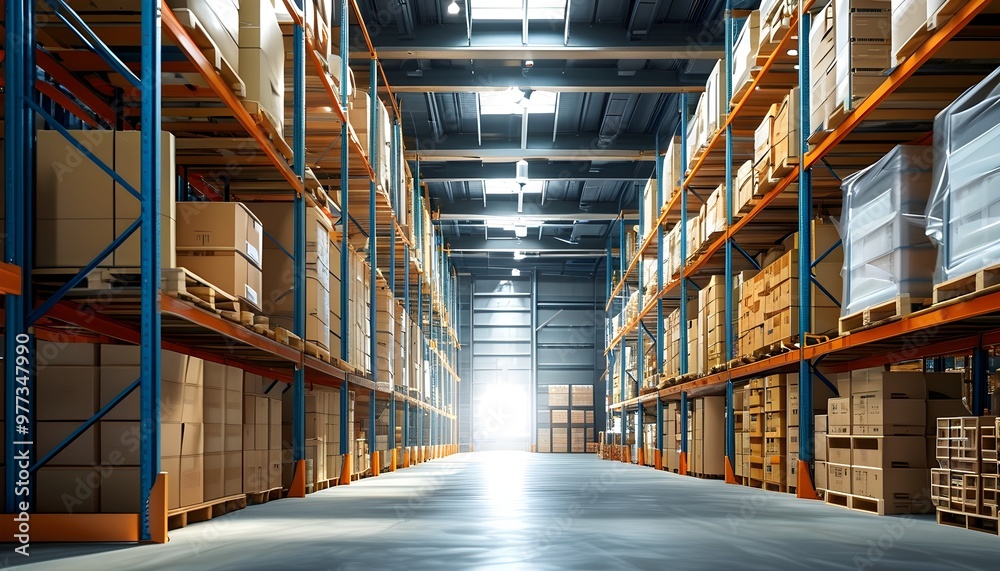 Contemporary industrial warehouse space featuring towering shelves ...