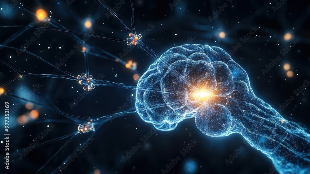 High-resolution image of a neuron, synaptic connections with ...