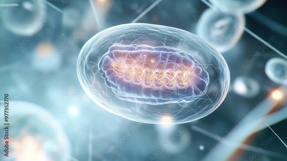 Zoomed-in view of mitochondria, inner membrane folds with ATP synthesis ...