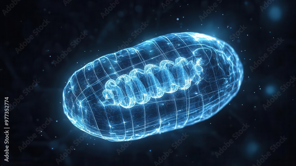 Zoomed-in view of mitochondria, inner membrane folds with ATP synthesis ...