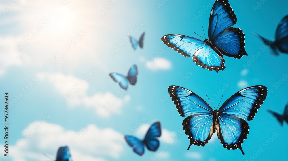 many flying blue butterflies on a sky background. insects. Flora and ...