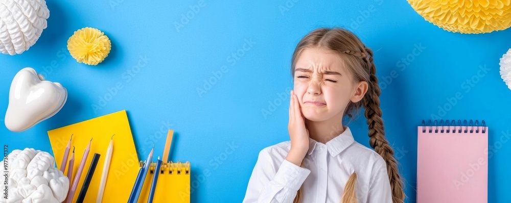 Girl with braids grimacing in pain, holding her jaw, surrounded by ...