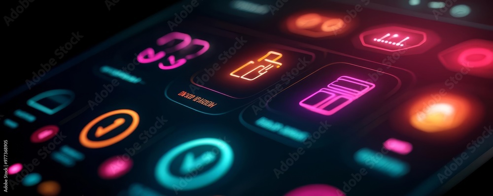 Fitness app UI, neon colors on black background, animated workout icons ...