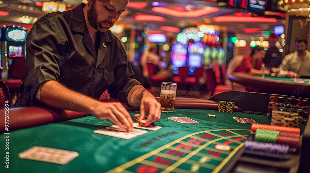 Shuffling Cards at Poker Table: A dealer shuffling cards with precision ...