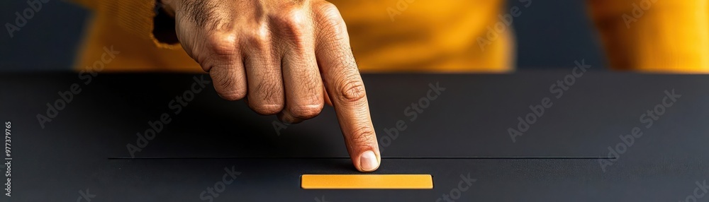Fingers tapping a Confirm Vote button on an electronic voting machine ...