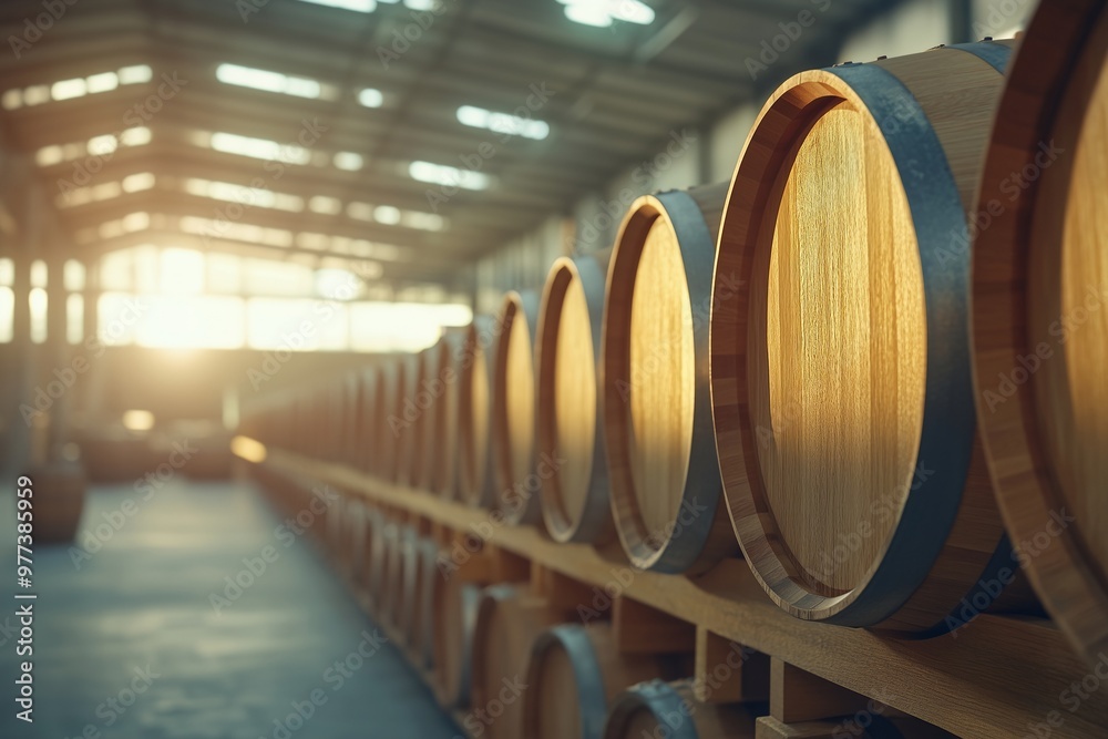 Backgroud image. Oak wine barrels in old dark wine cellar Stacks of ...
