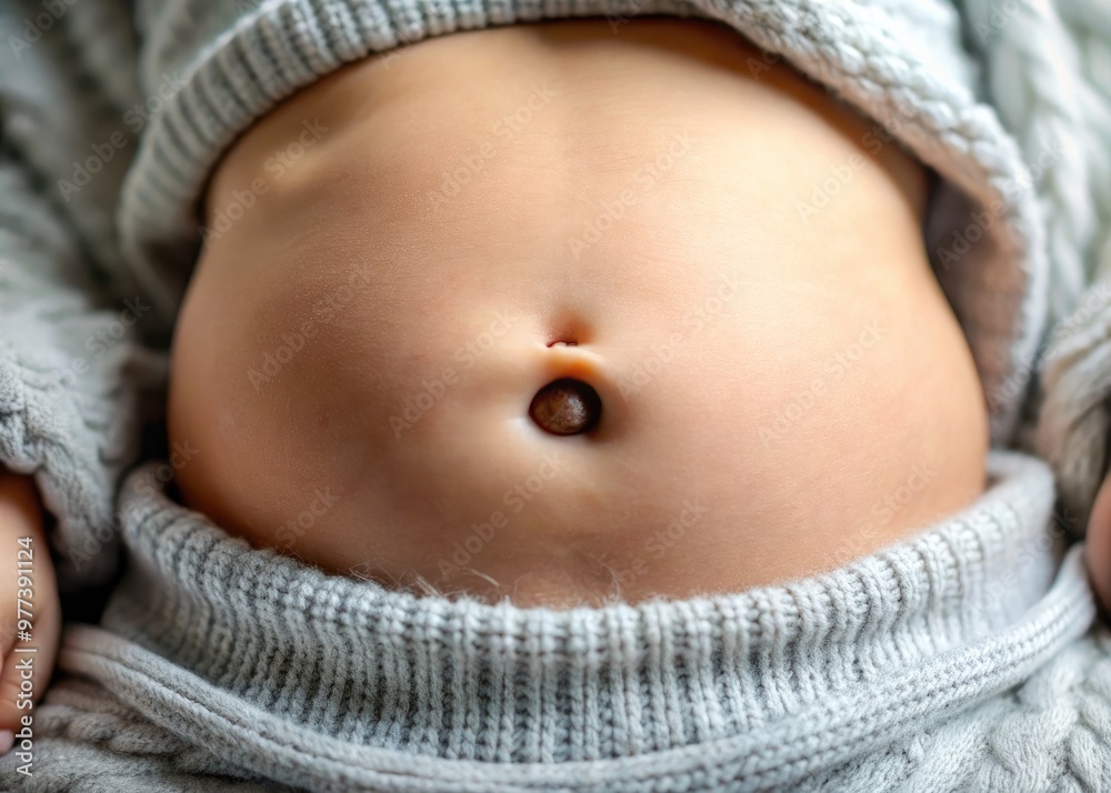 A close-up shot of a baby's belly button, showcasing the rounded ...
