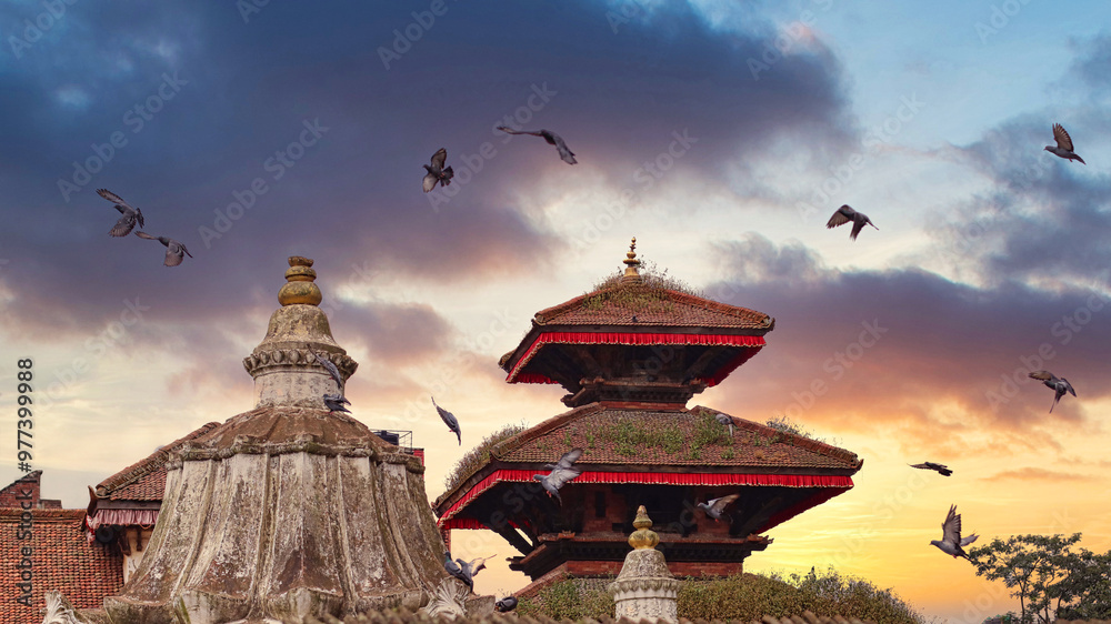 A scene from Nepal, showcasing traditional architecture and pigeons ...