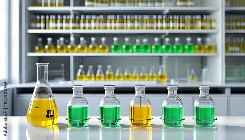Vibrant laboratory display of sample bottles filled with yellow and ...