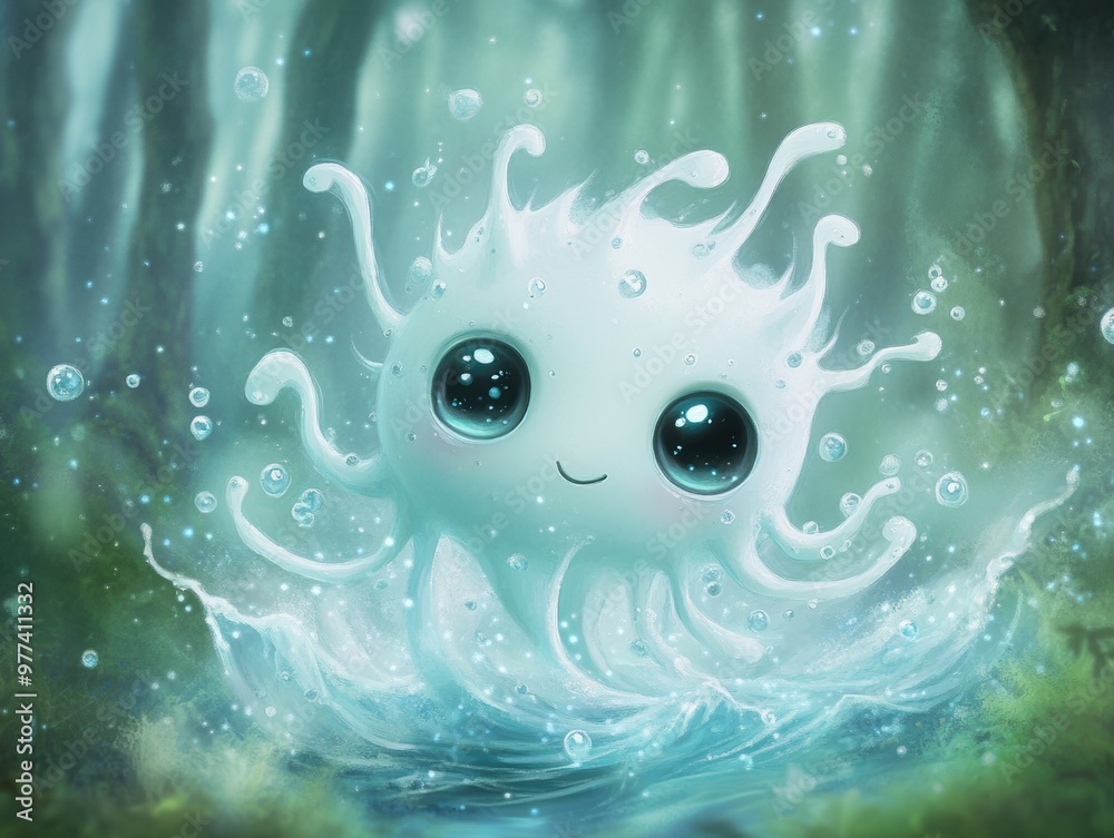 Cute water elemental creature, with big eyes, splashes of white and ...