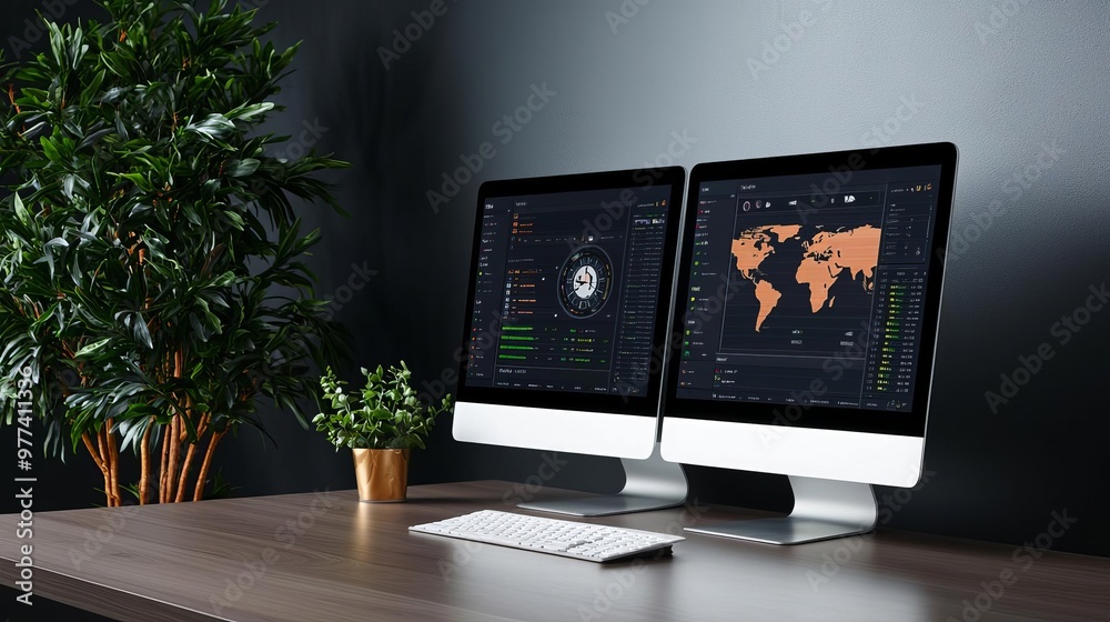 Efficient travel management setup featuring a dual-screen computer ...