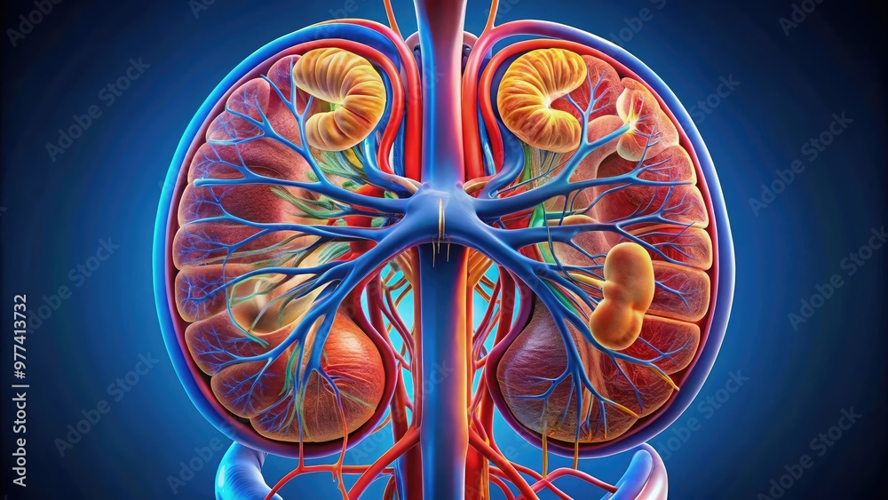 Anatomically accurate illustration of a human kidney highlighting its ...
