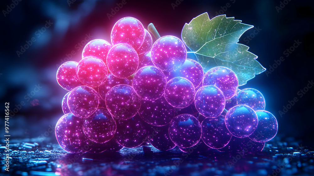 Vibrant grapes illuminated with neon effects, showcasing an artistic ...