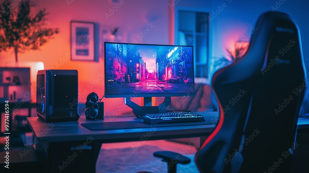 exciting gaming setup with neon illumination featuring a professional ...