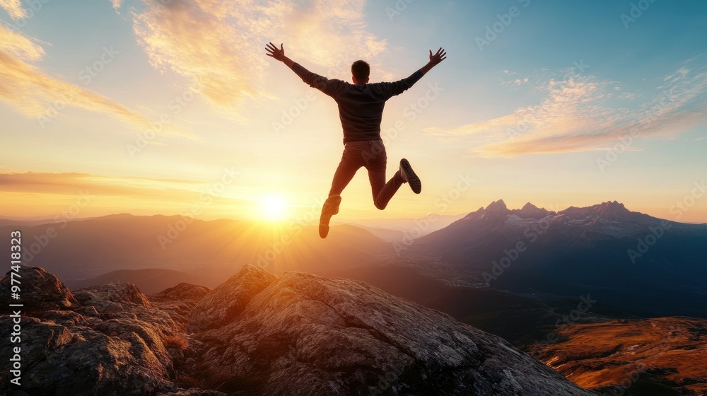 man jump on top of the mountain with arms open to a welcoming new day ...