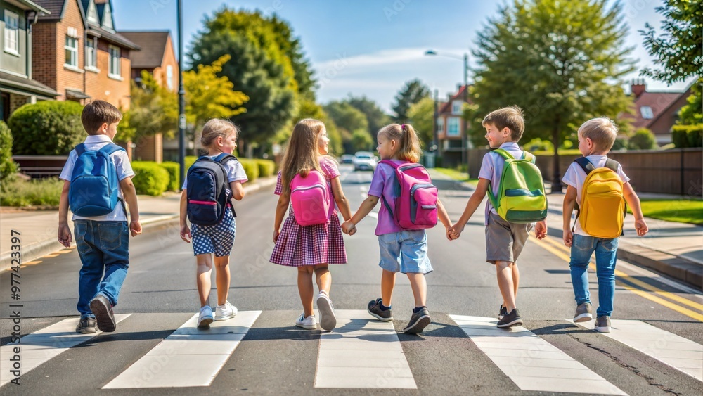 Group of Children Walking on the Street, Crossing Zebra Line on Their ...