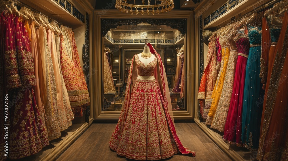 Vibrant and intricately designed bridal lehengas are displayed in a ...