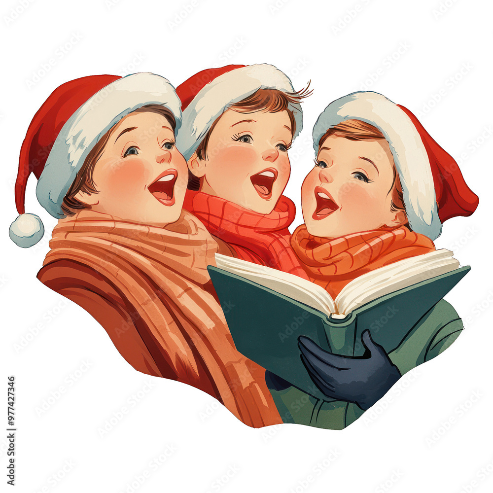 Three cheerful children in holiday attire singing together joyfully ...