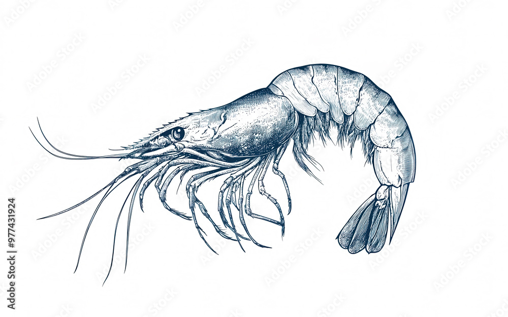Seafood, shrimp prawn. Vintage retro print, black white seafood shrimp ...