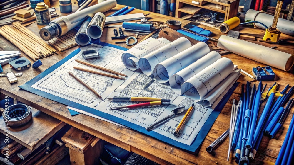 Carefully organized piles of blueprints, diagrams, and technical papers ...