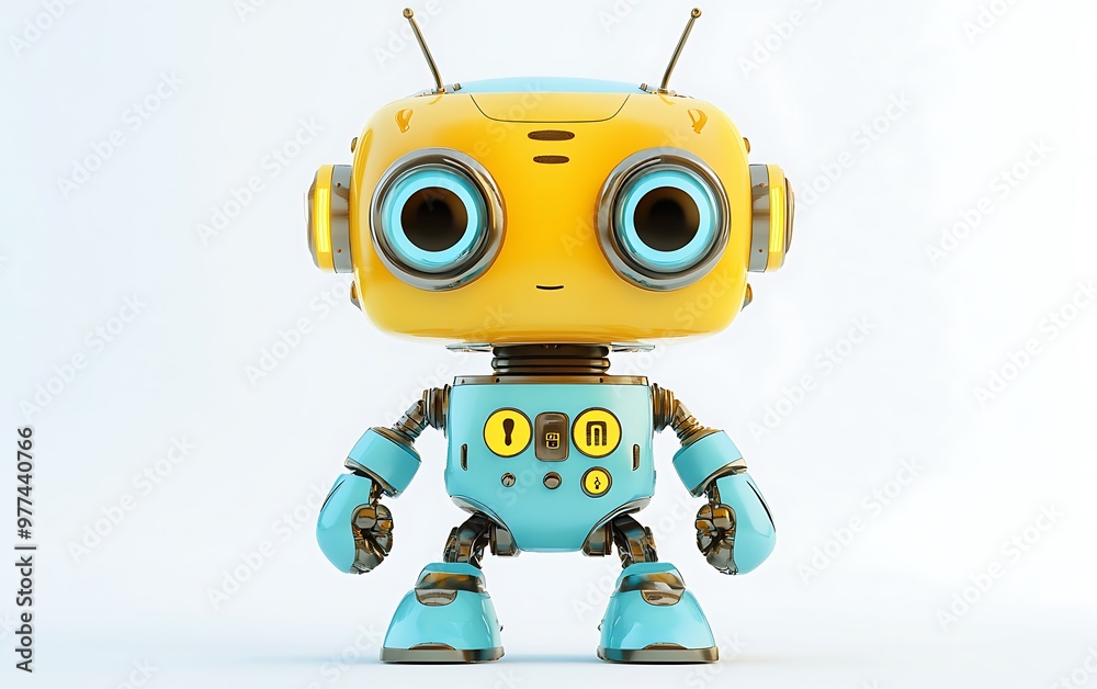 Adorable Plush Cartoon Style 3D Robot with Charming Buttons on White ...
